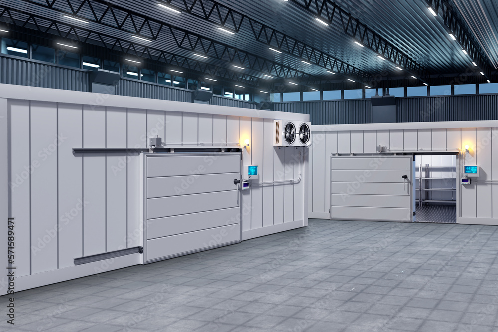 Industrial cold rooms. Hangar with refrigerators. Giant freezers for ...