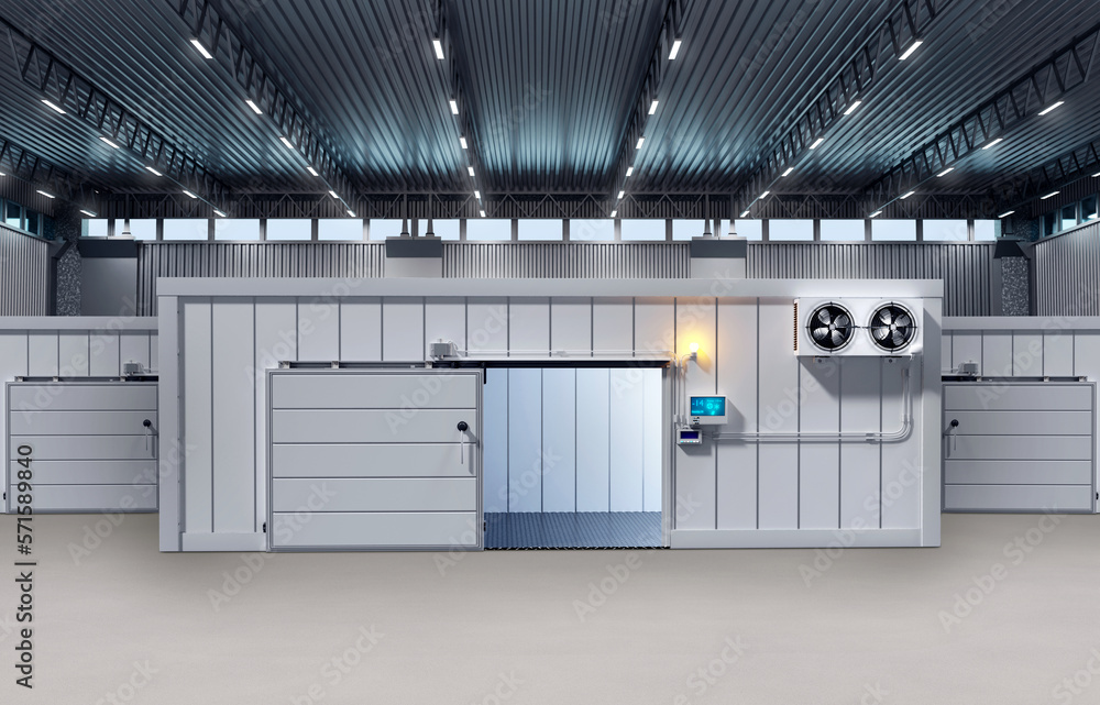 Cold chambers. Several refrigerators in warehouse. Hangar building with ...