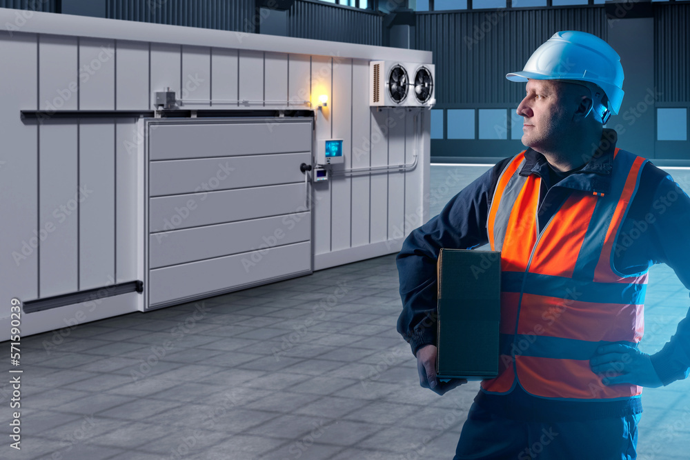 Refrigeration warehouse worker. Man with box near large refrigerator ...