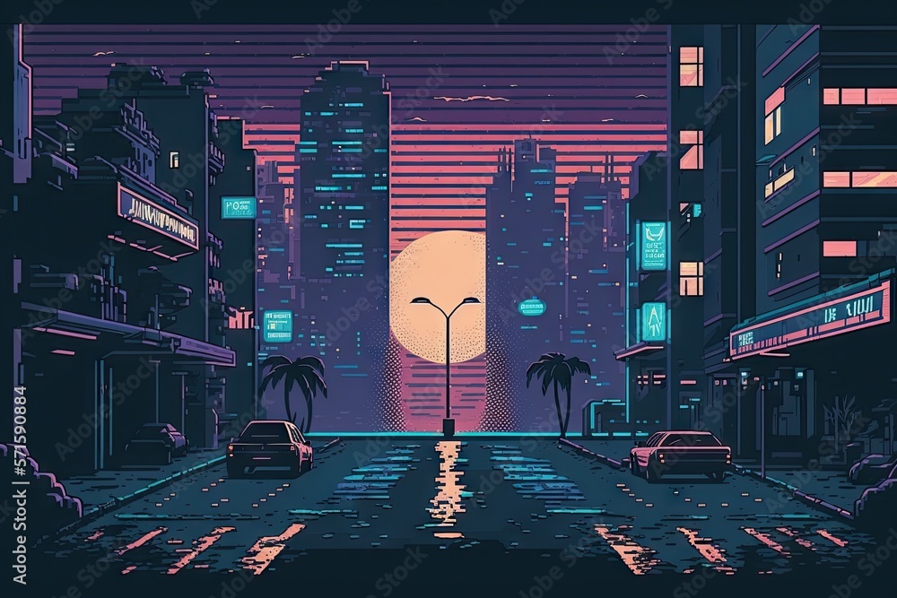 Night In A Cyberpunk City Composition Of Retro Futuristic Pixel Art Future Urban Landscape In