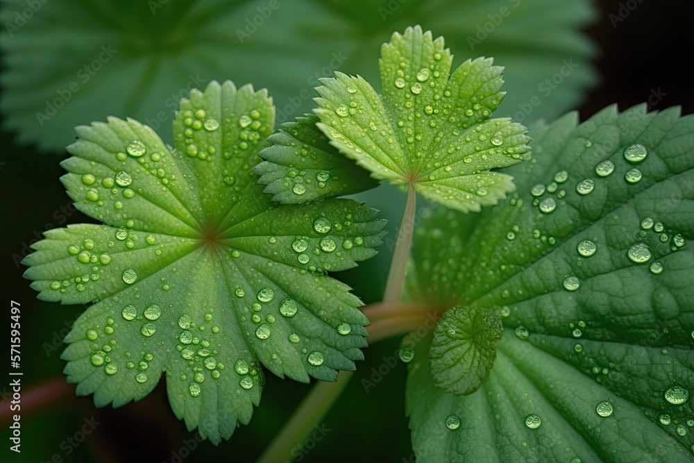 Alchemilla vulgaris green leaves in a summer garden with raindrops ...