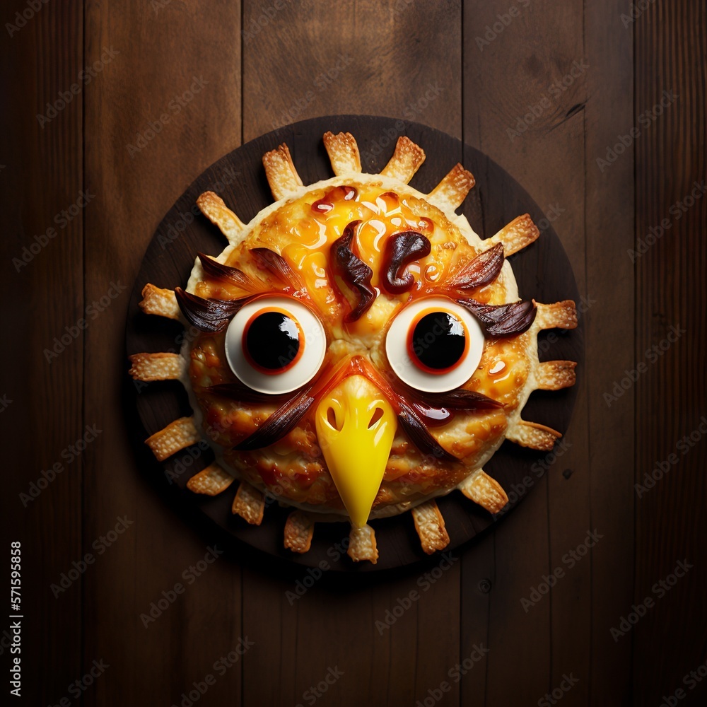 food grill chicken with eyes ,fun style top view on plate with yellow ...
