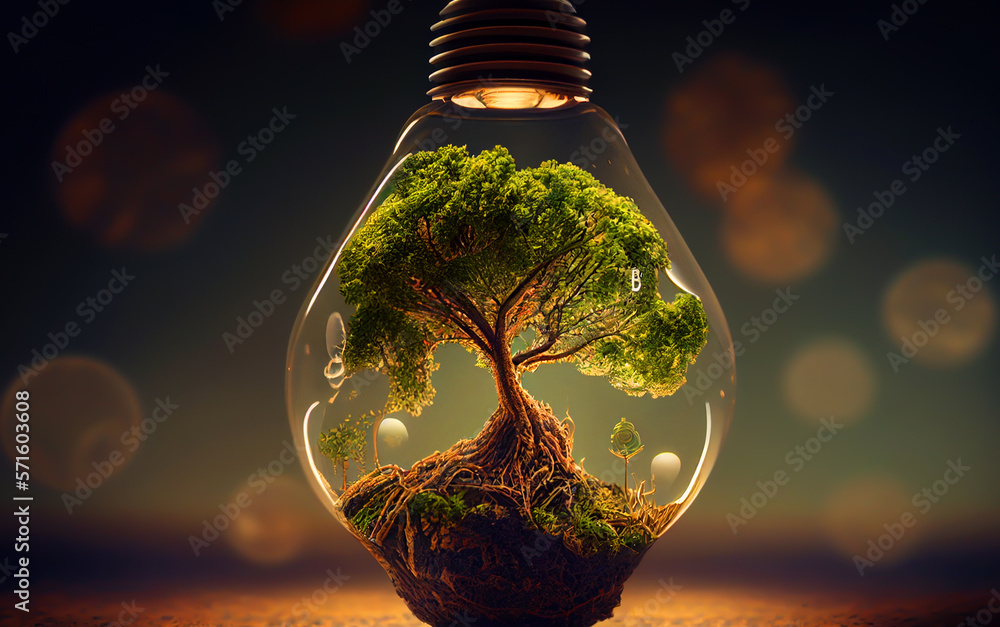Lamp with tree for Saving environment. Green saving energy Tree Growing ...