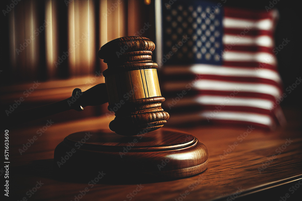 Mallet of judge in American courtroom. American flag in courtroom with ...