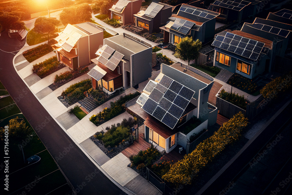 Solar panel on roof house, top view. Tanunhouses and residential ...