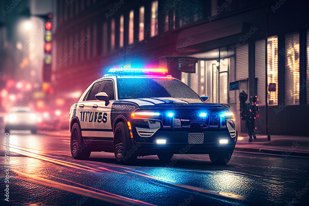 Police lights and Police car in New York. Police car with red and blue ...