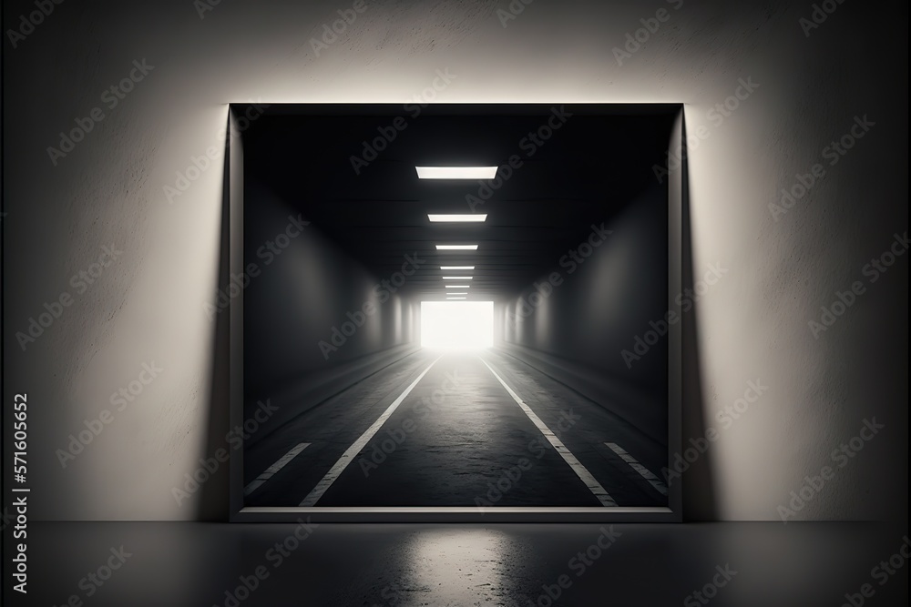 Tunnel white rectangle an empty dark scene, the asphalt floor and ...