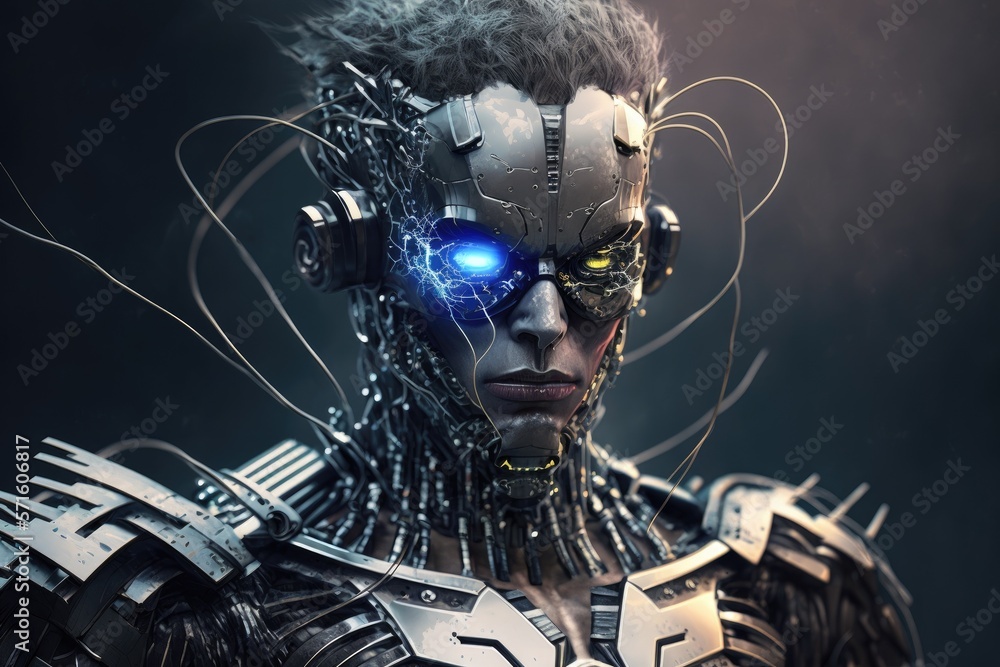 Humanoid cyborg with wires coming out of his head. Close up portrait of ...