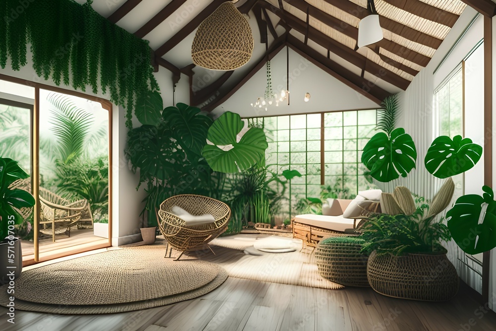 Cozy eco-house with room with rattan chairs, jute rugs on the floor and ...