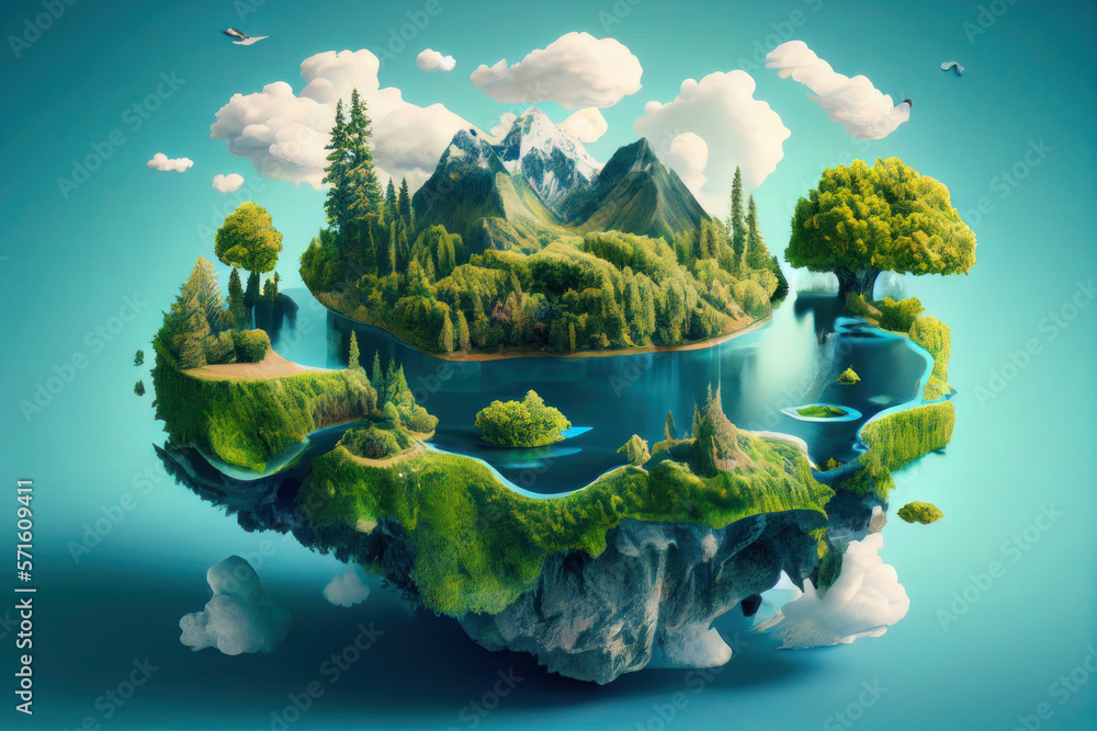 Floating island with lake and beautiful landscape. 3d illustration of ...