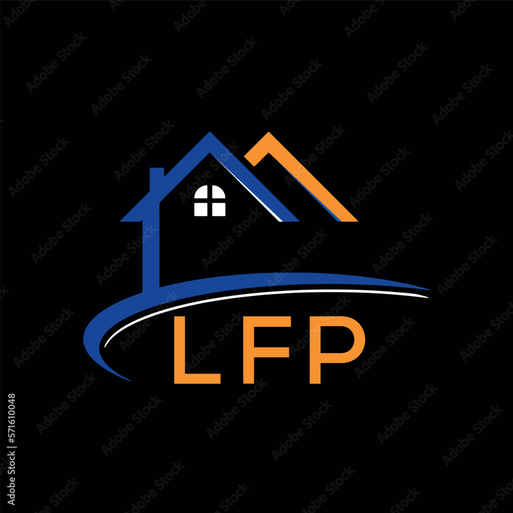LFP house logo, letter logo. LFP blue image on black background and ...