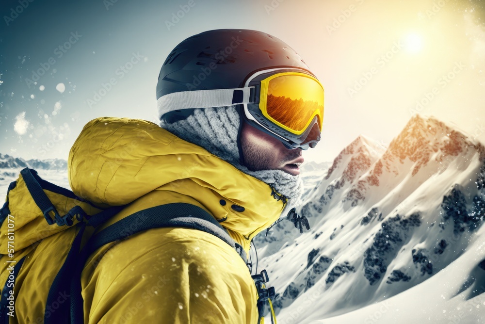 Portrait of an extreme winter skier in a mask and helmet wearing yellow ...