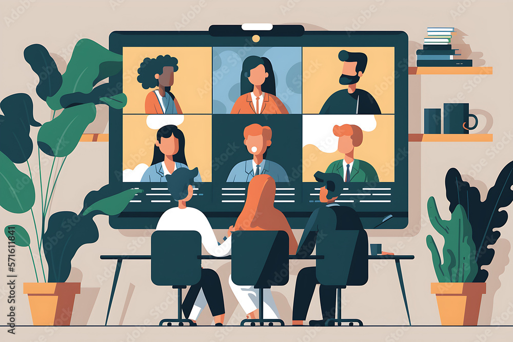 Flat vector illustration Diverse company employees having online ...