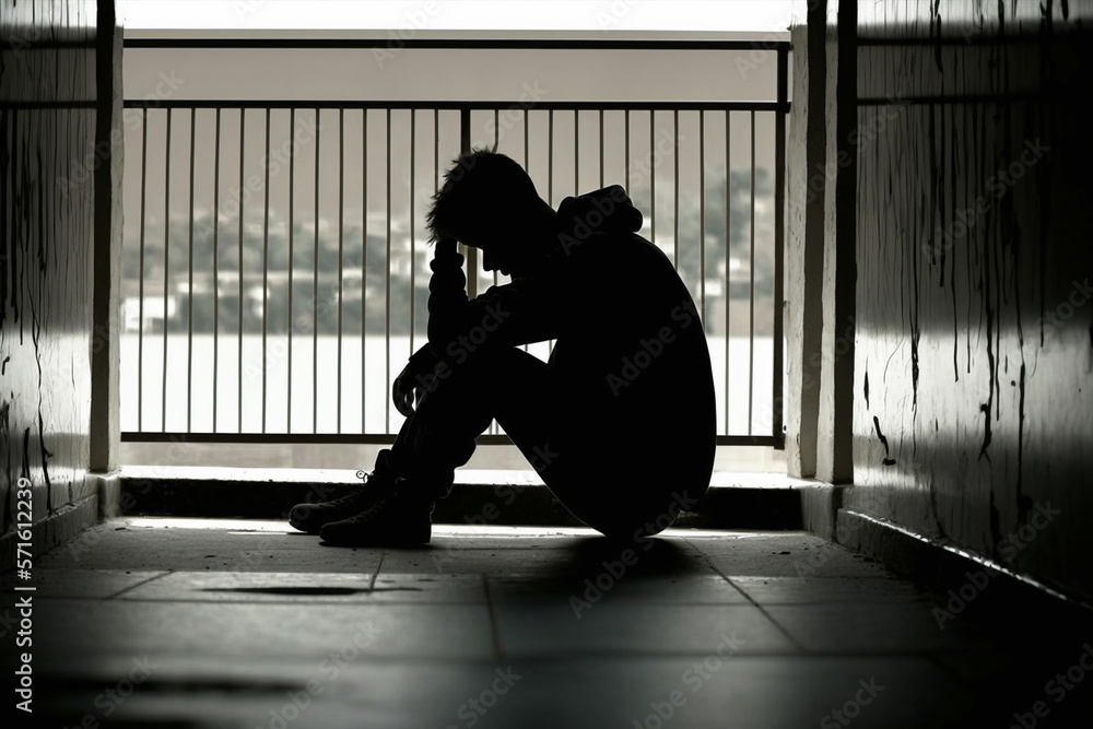 Silhouette of depressed man sitting head in hands on the walkway of ...