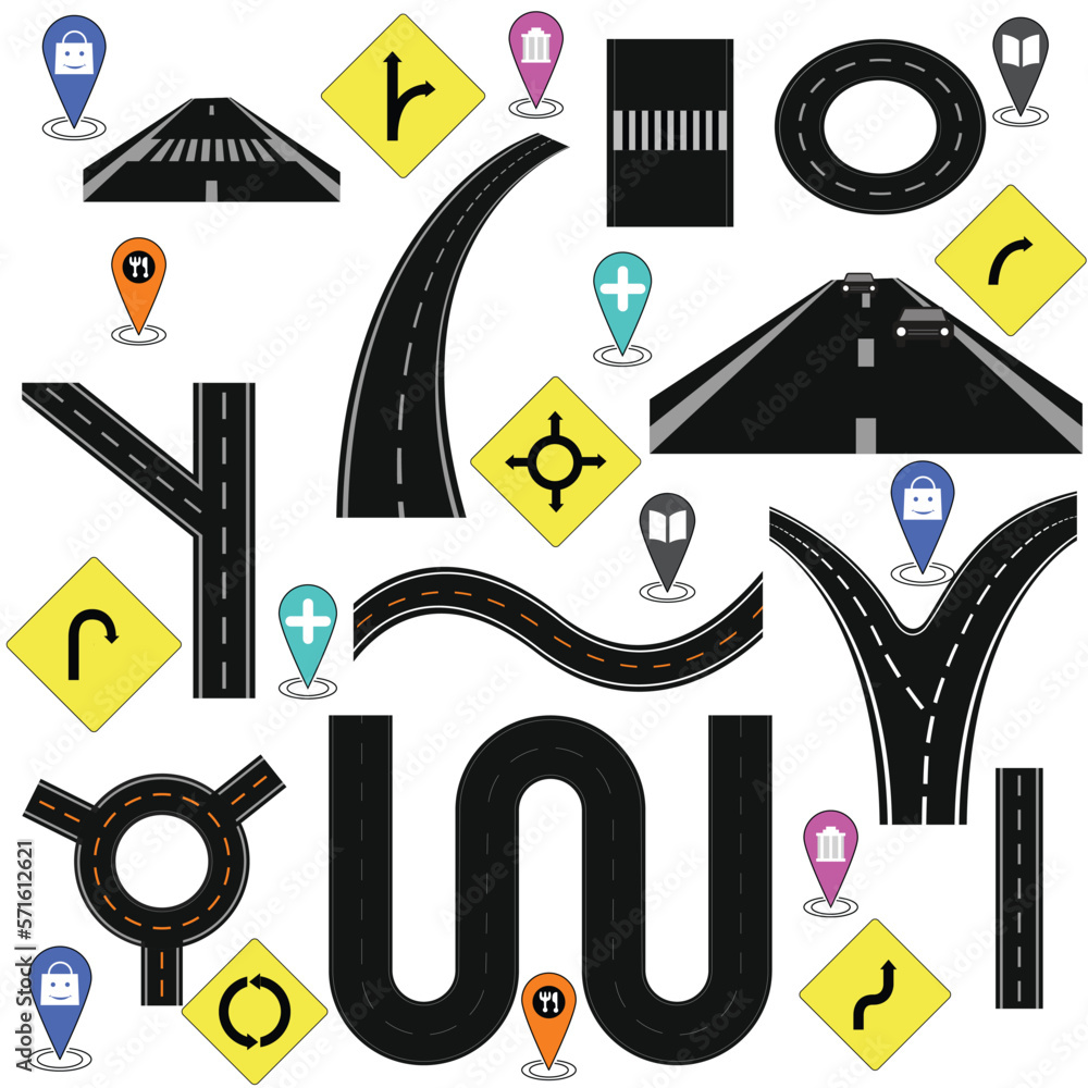 Highways and winding roads set. Seamless straight asphalt road template ...