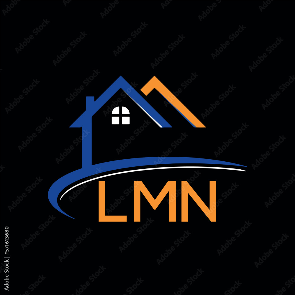 LMN house logo, letter logo. LMN blue image on black background and ...