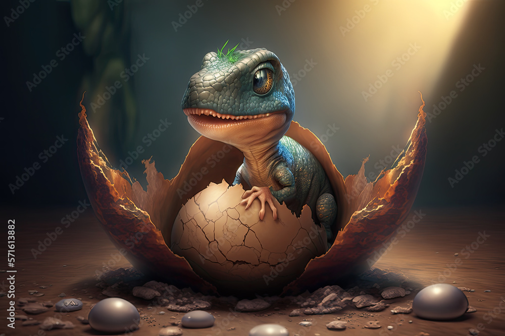 Baby dinosaur hatching from an egg, Generative AI Stock Illustration ...