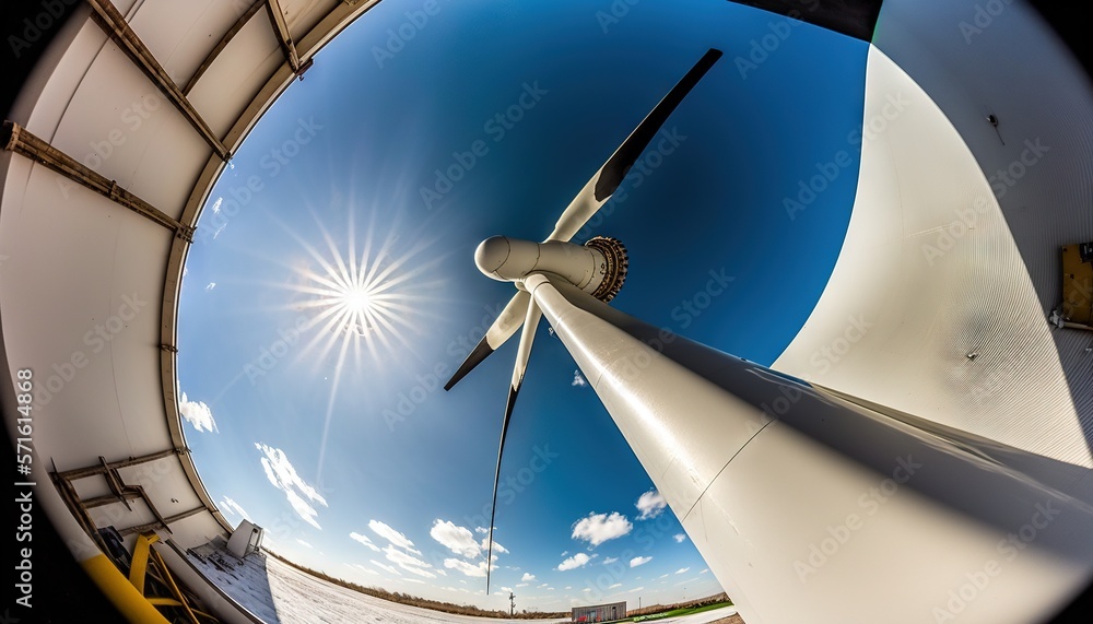 a view of a wind turbine from inside a circular object with a sky ...