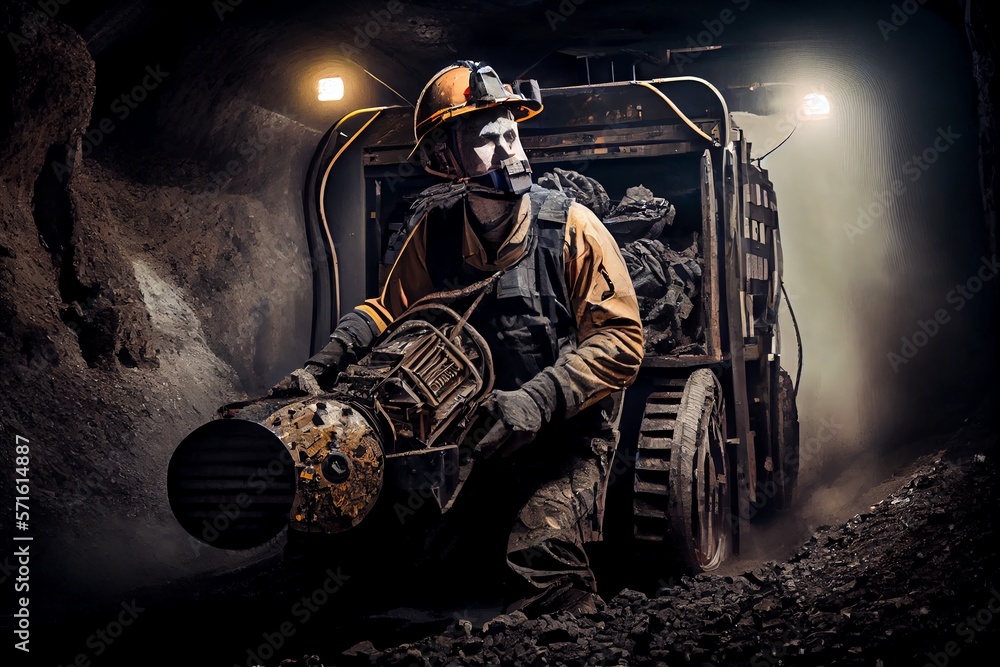 coal mining operator working machine, underground mine mesh, heavy ...