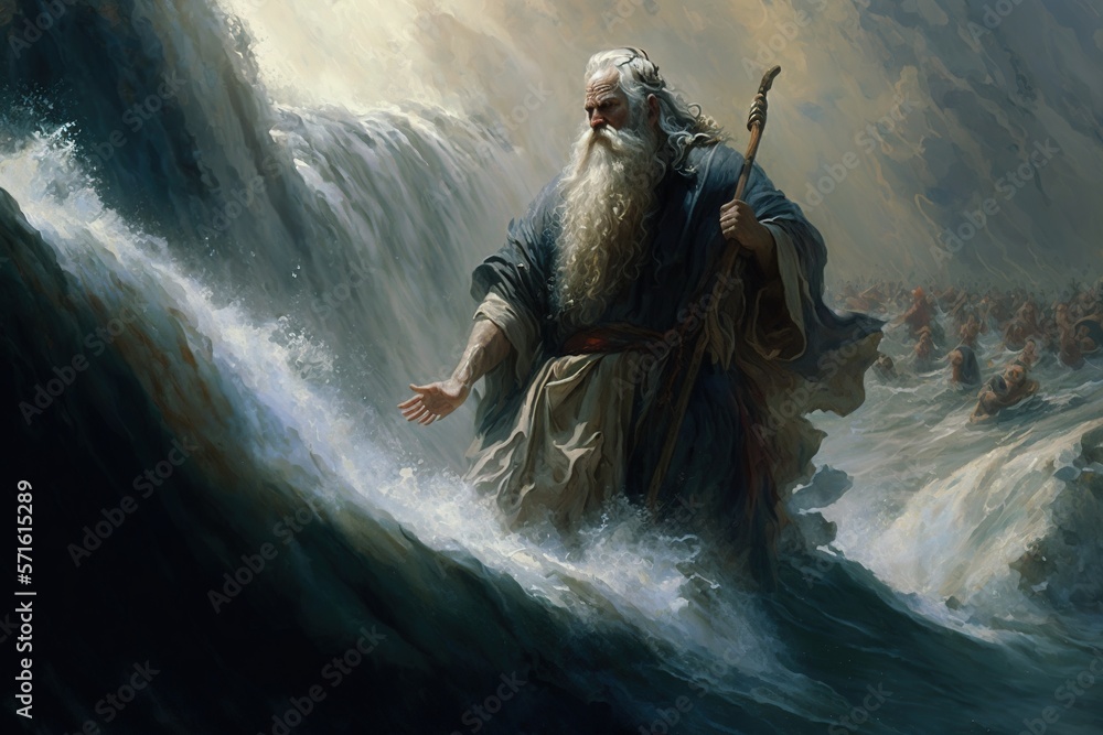 a dramatic fictional illustration of Moses parting the sea Stock ...