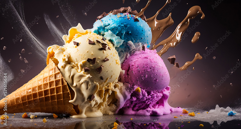 Scoop ice cream in a cone with chocolate topping. Dynamic background ...