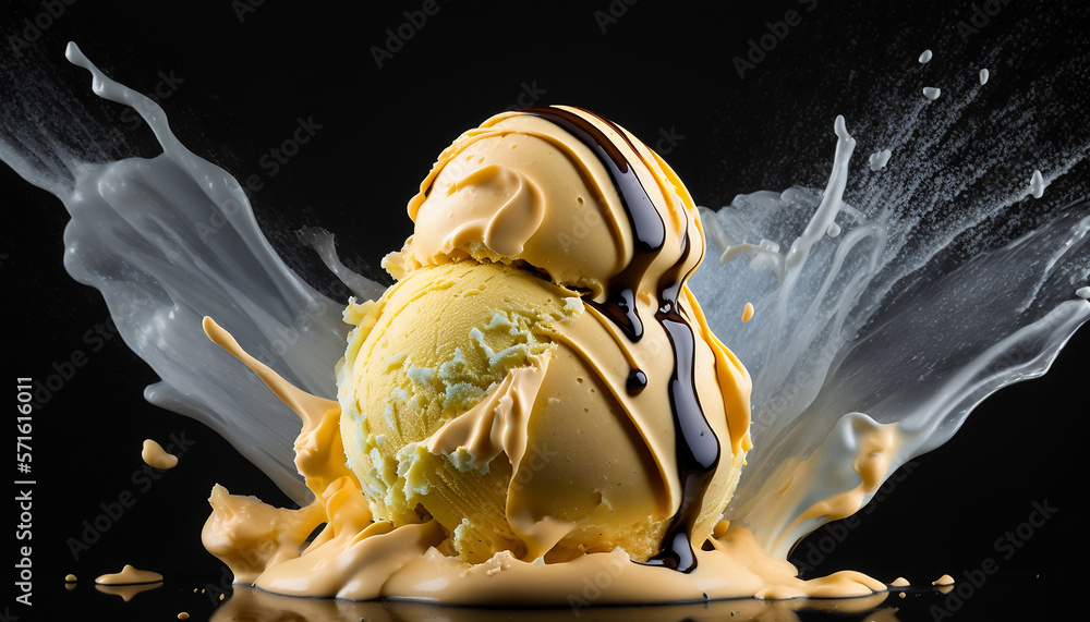 Scoop ice cream with chocolate topping. Dynamic background with crushed ...