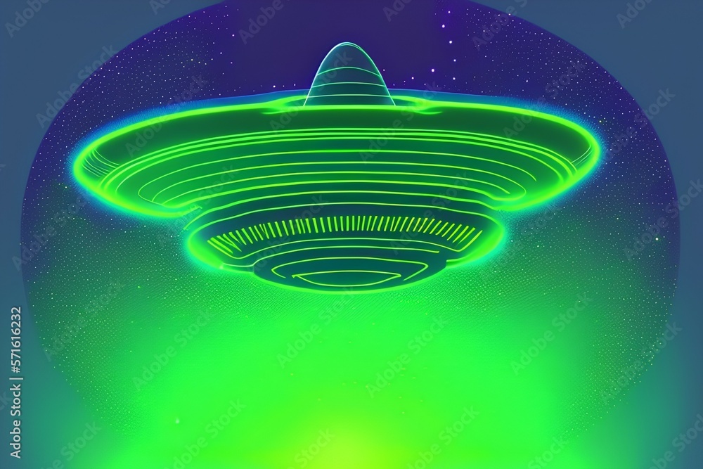 3d UFO, vector alien space ships with green light beam, smoke and ...