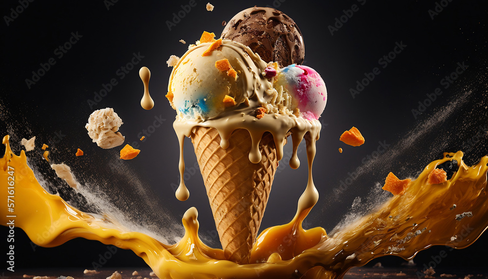 Scoop ice cream in a cone with chocolate topping. Dynamic background ...