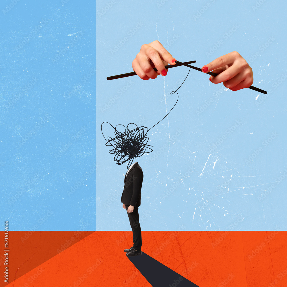 Contemporary art collage with man in official clothes with tangled head ...