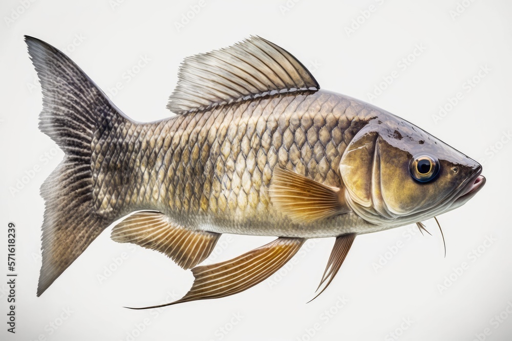 Closeup of a freshwater fish on a white background. A member of the Cyprinidae family of fish ...