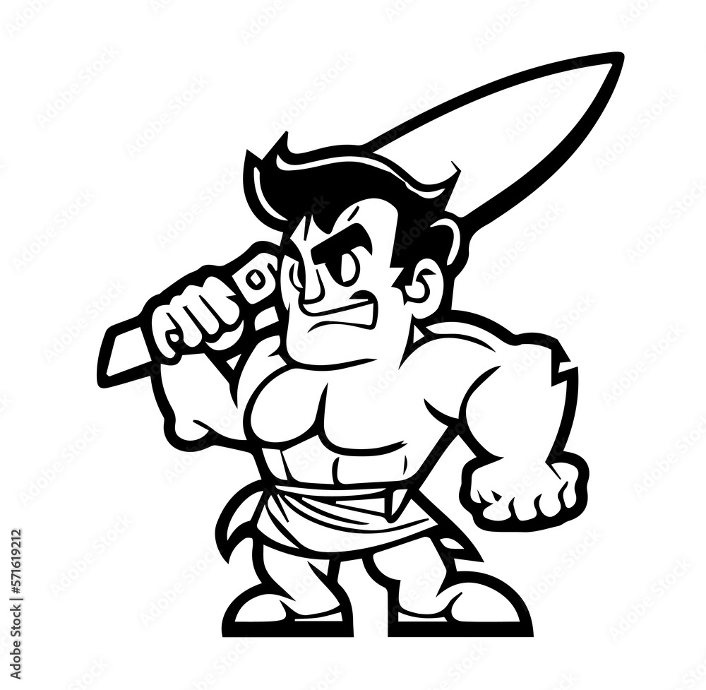 Butcher with a big knife in cartoon black and white style for coloring ...