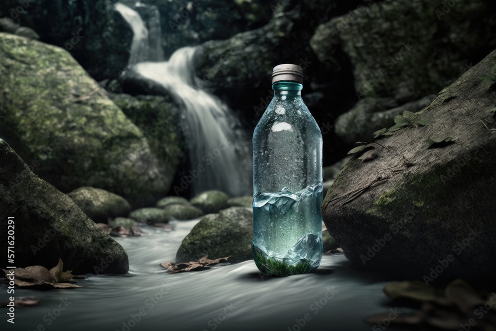 Ilustrace „In front of a waterfall, a water bottle is perched on a ...