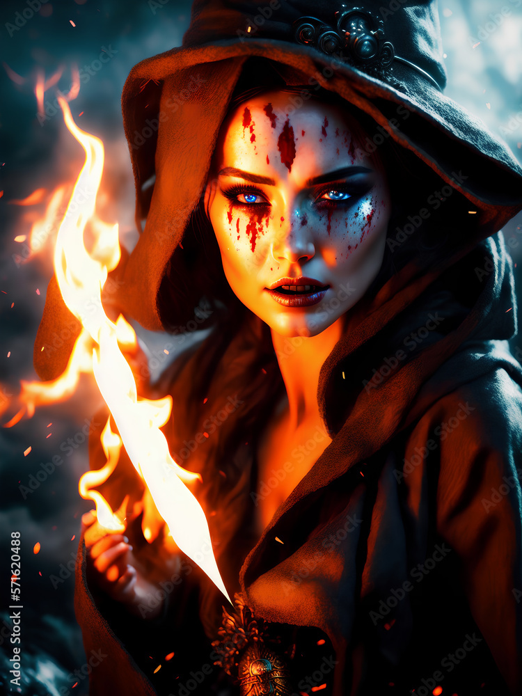 A beautiful sorceress in battle. Sorceress woman casting a spell ...