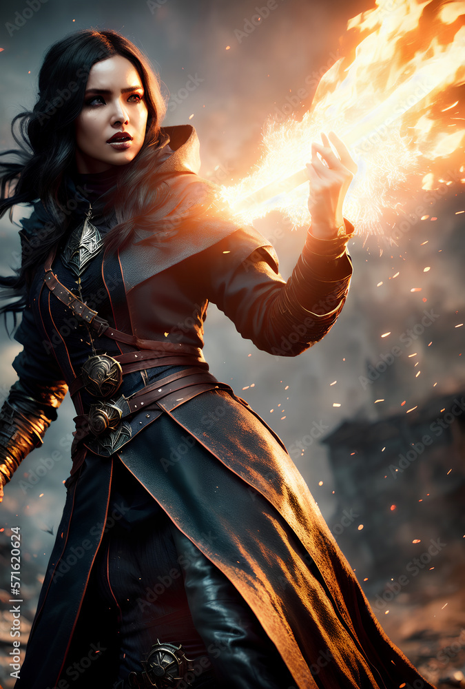 Sorceress Woman Casting A Spell Wizard Woman Using A Wand A Beautiful