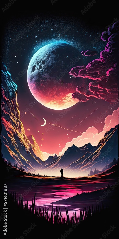 Abstract neon space landscape dream. Month and moon, mountains, fog ...