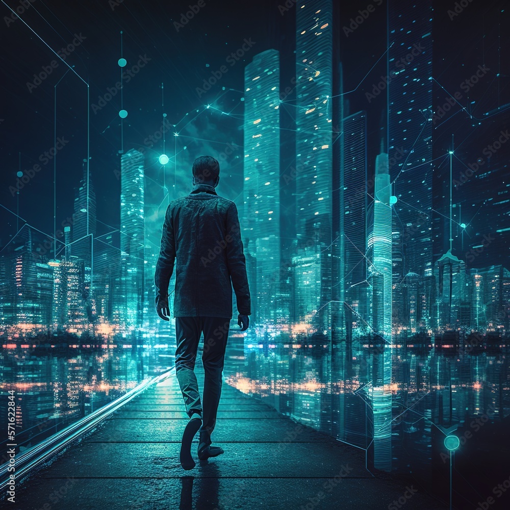 Concept of business technology, At night, a professional businessman ...