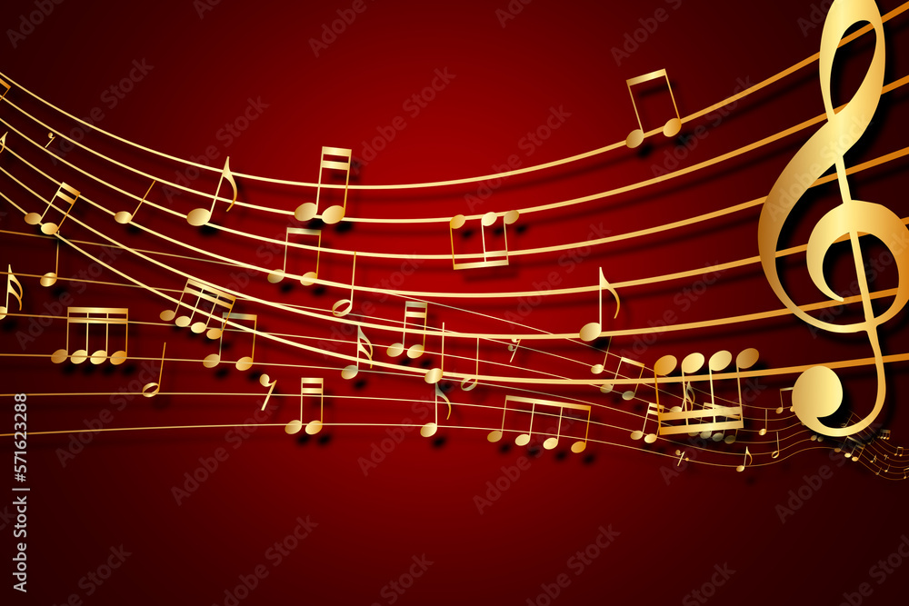 Abstract musical background. Gold music notes and treble clef on line ...