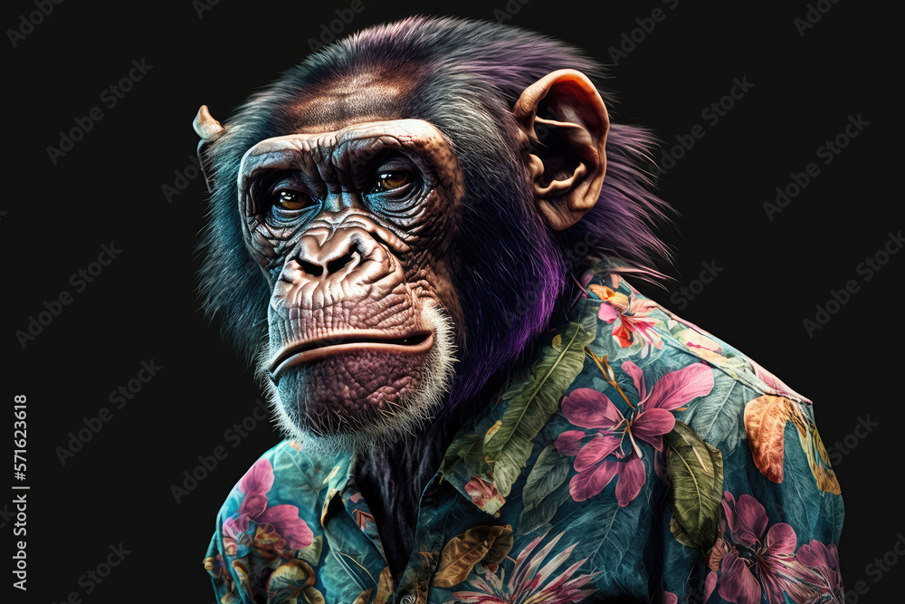 majestic vaporwave chimpanzee monkey wearing a floral hawaiian designer ...