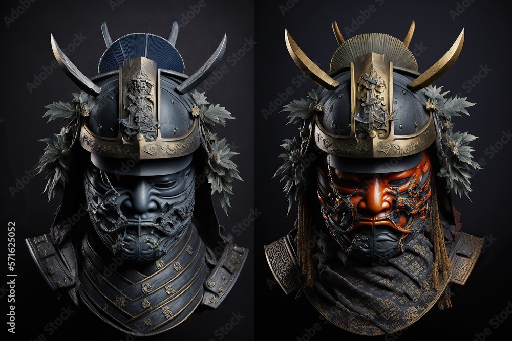 samurai Japanese masks of samurais isolated on the dark background ...