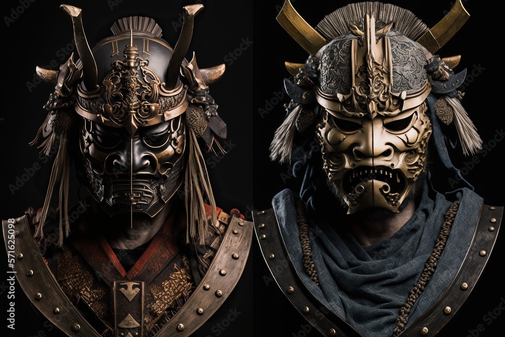 ภาพประกอบสต็อก samurai Japanese masks of samurais isolated on the dark ...