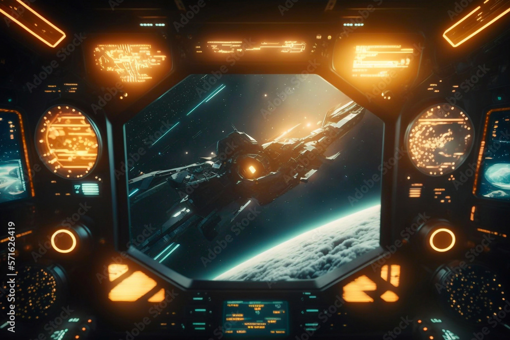 Science fiction scene of a futuristic interstellar escort frigate and ...