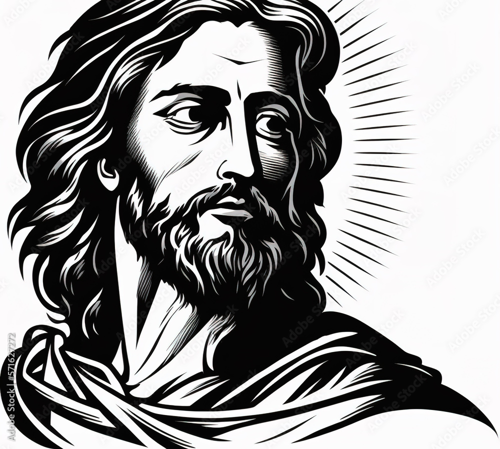 Black and white line art drawing of Jesus as a logo, Generative art ...