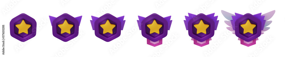 3D game badge set, icon RPG insignia kit, level up user point hexagon ...