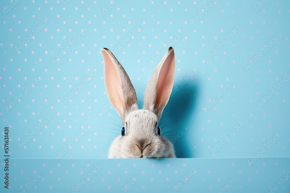 Bunny peeking out of a hole in blue wall, fluffy eared bunny easter ...
