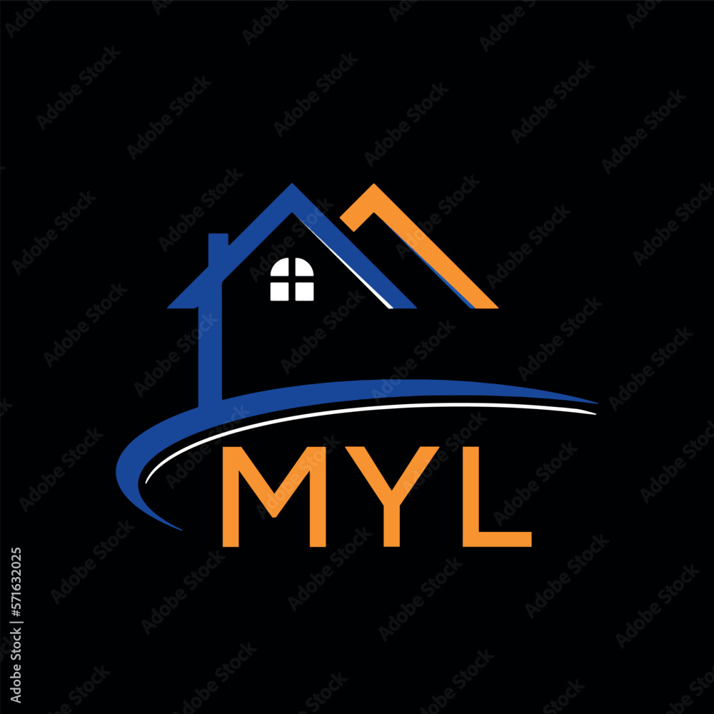 MYL house logo, letter logo. MYL blue image on black background and ...