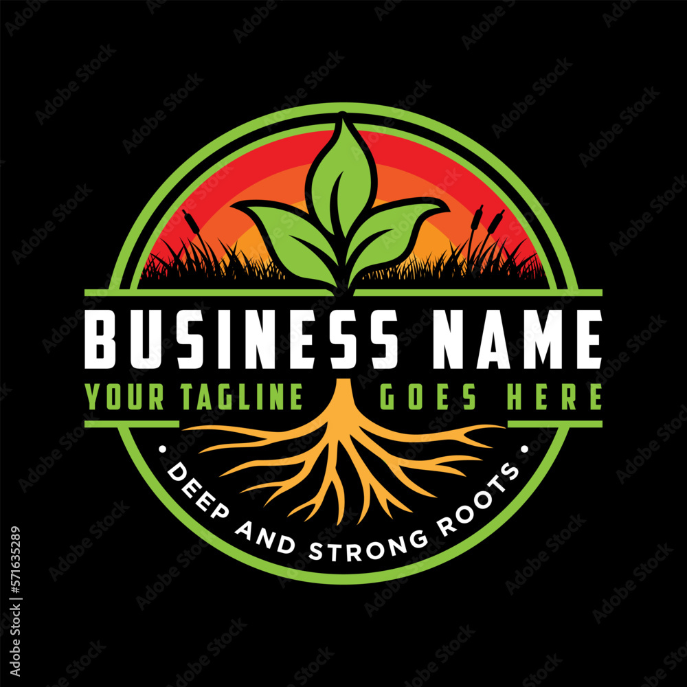 Grass cutting logo emblem, tree logo with leaf, roots, and grass vector design Stock Vector ...