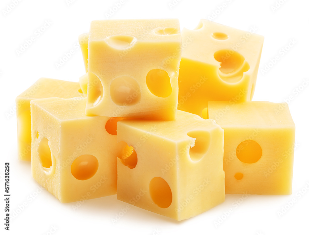 Pyramid of Emmental cheese cubes isolated on white background. File ...