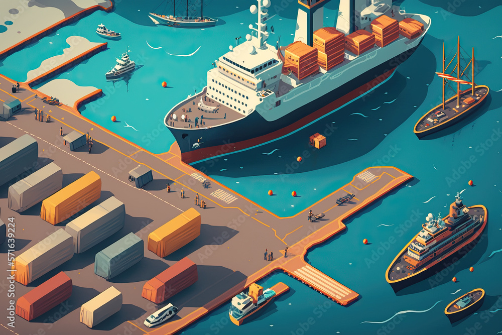 Isometric illustration of an cargo sea port loading freight containers ...