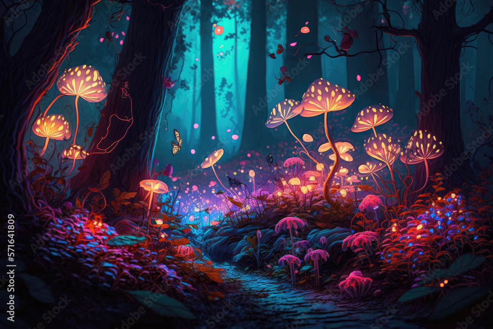 blue fairy forest with pink glowing mushrooms. Generative AI Stock ...