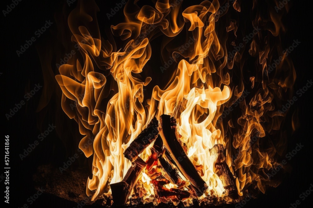 Fire flame in fireplace glowing burning on black dark background, hot ...